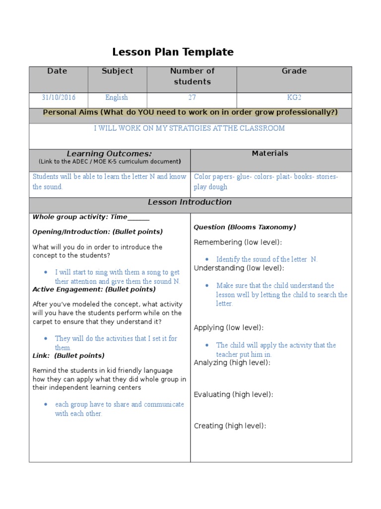 Lesson Plan Template: Date Subject Number of Students Grade | PDF ...