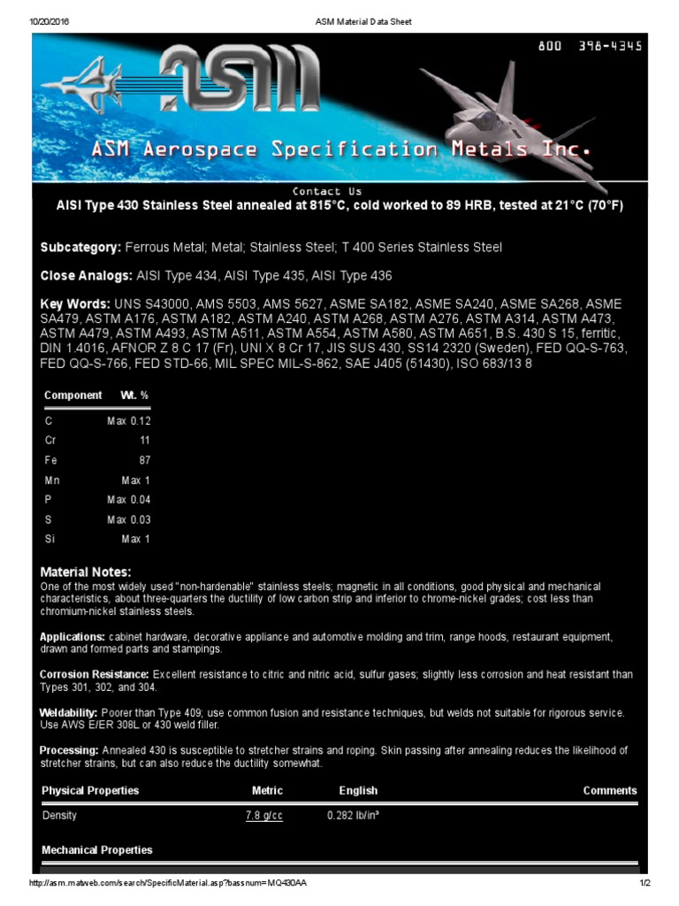 ASM Material Data Sheet 430 Annealed | PDF | Ultimate Tensile Strength | Annealing (Metallurgy)