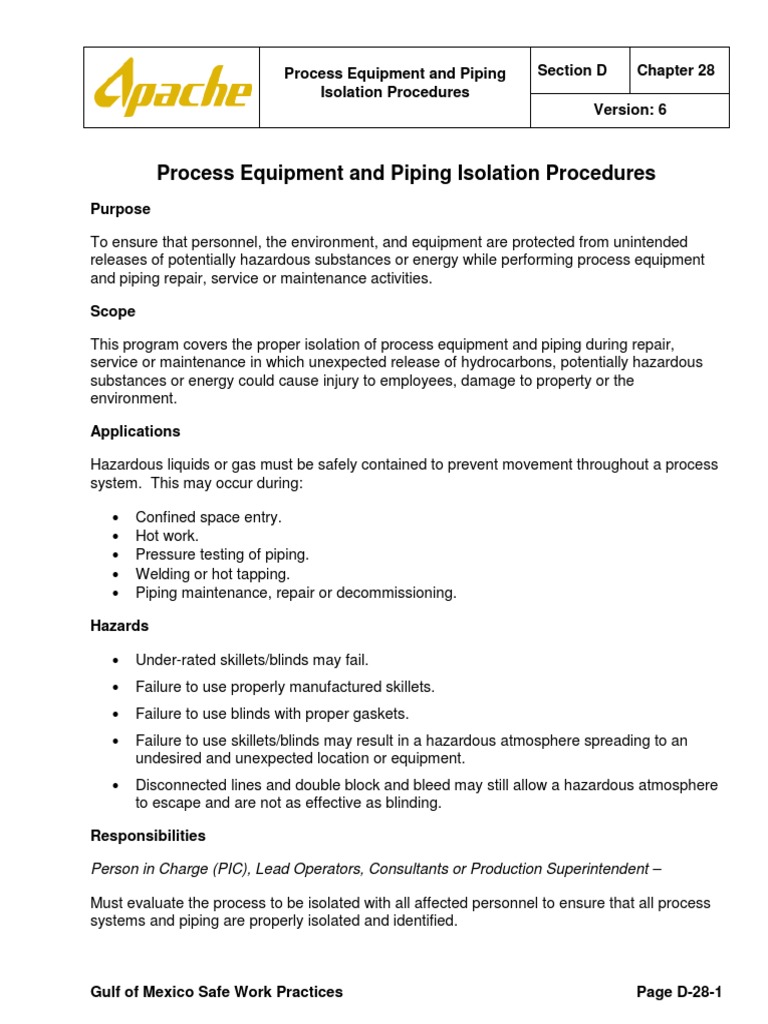 Apache - Process Equipment and Piping Isolation Procedures | PDF | Pipe ...