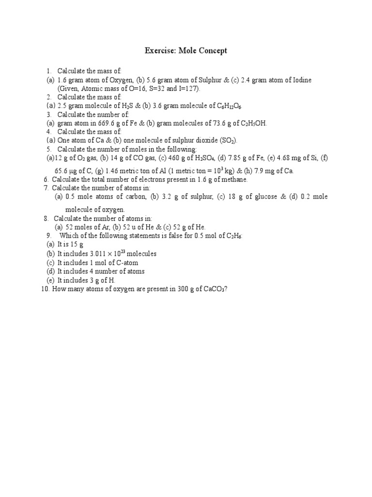 Exercise Mole Concept Simple | PDF