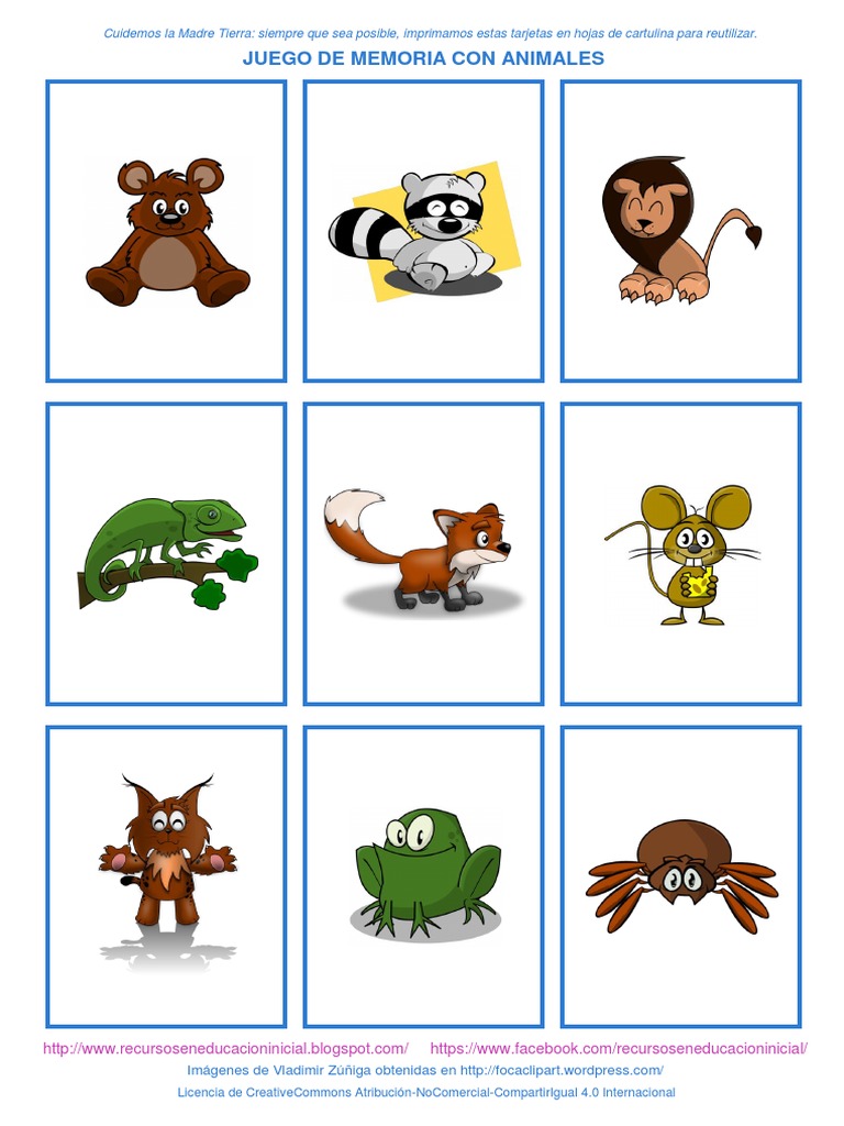 Juego de Memoria de Animales para Imprimir | PDF | Creative Commons