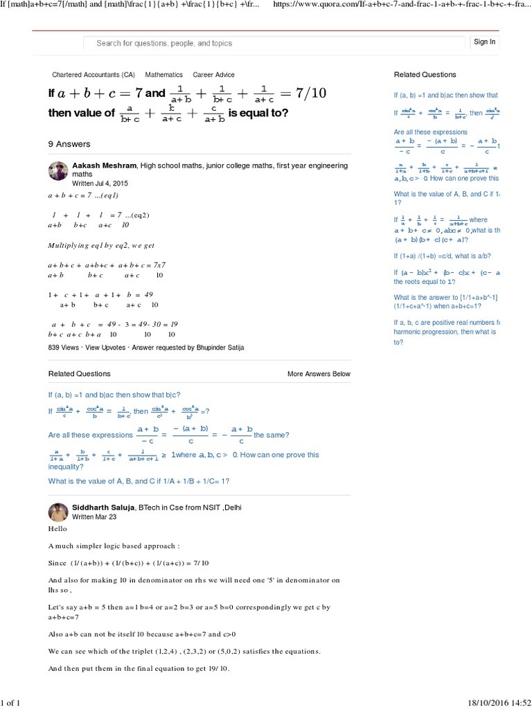 If and Then Value of Is Equal To?: 1 A+ B 1 B+ C 1 A+ C A B+ C B A+ C C ...