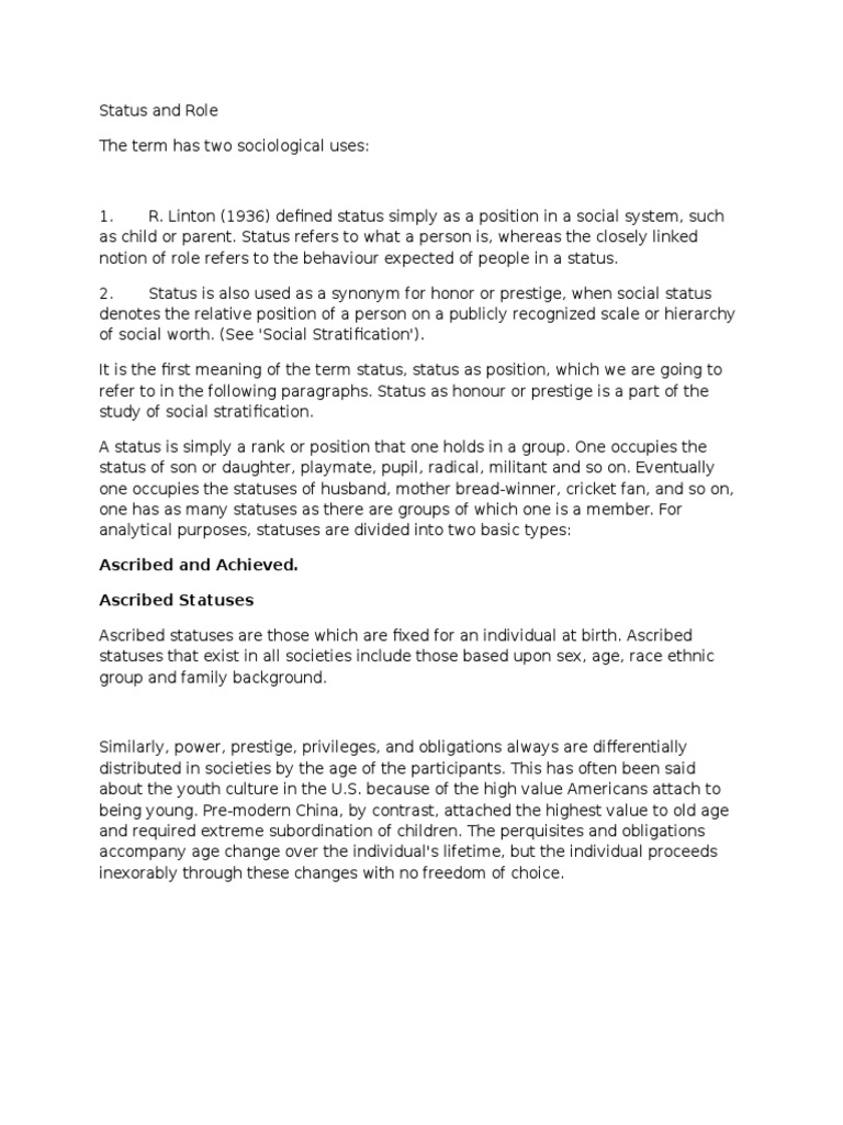 Status and Role | PDF | Social Stratification | Sociological Theories