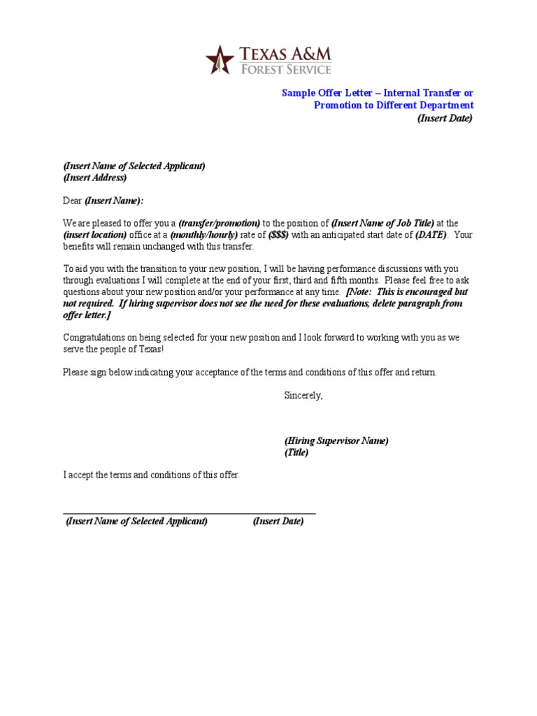 Sample Offer Letter - Transfer | PDF | Labour | Business