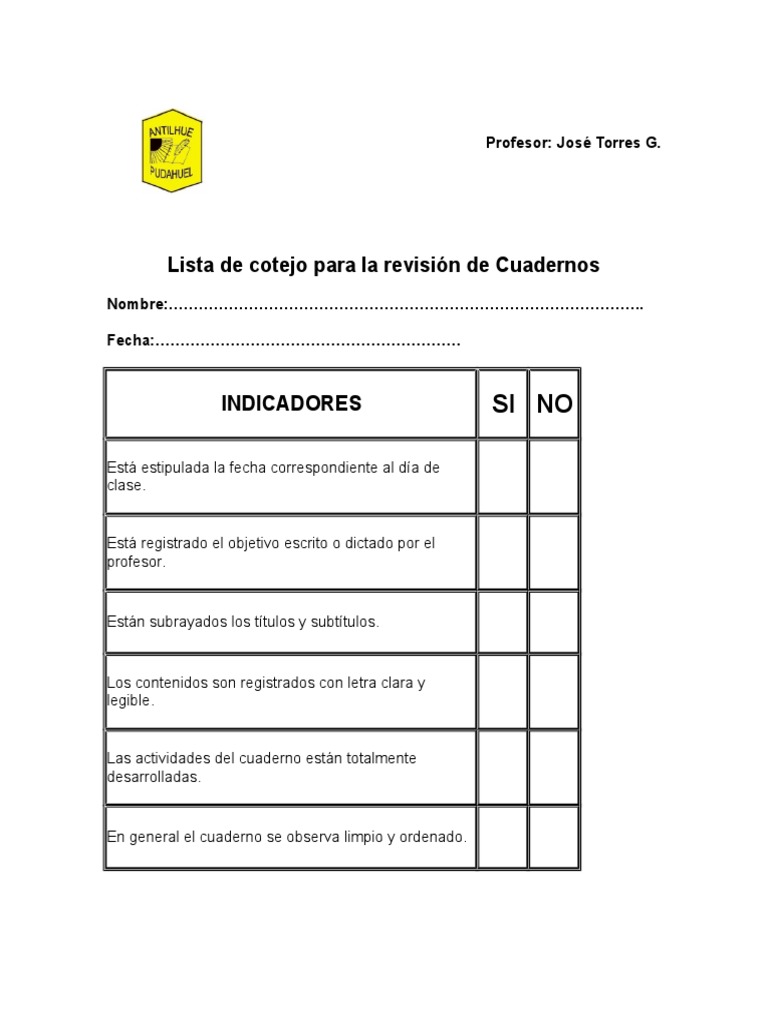 Lista de Cotejo Revision de Cuadernos