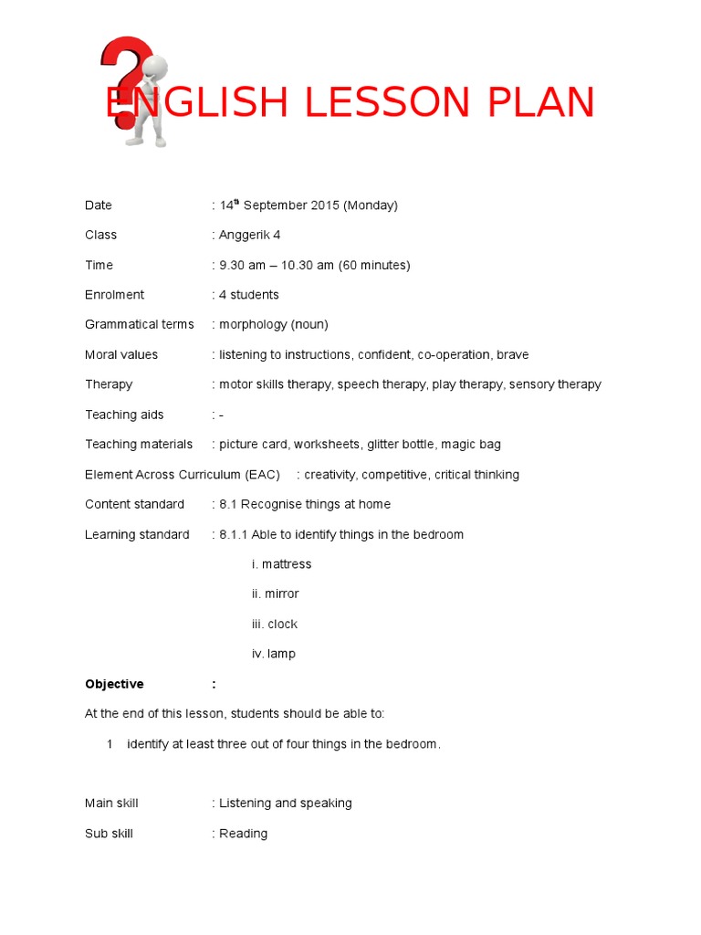 English Lesson Plan in The Bedroom | PDF | Learning Disability | Lesson ...