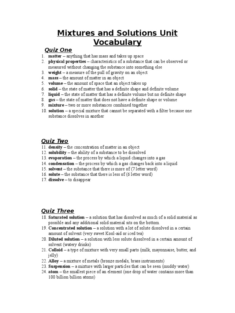 Mixtures and Solutions Vocabulary 1 | PDF