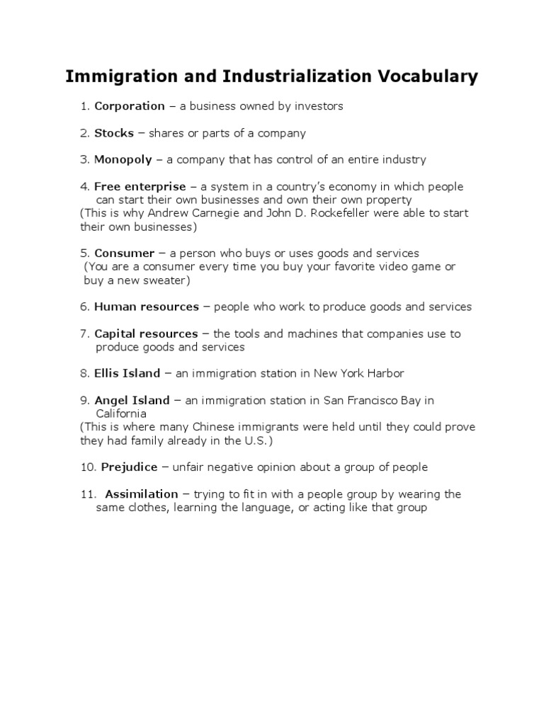 Immigration and Industrialization Vocabulary | PDF