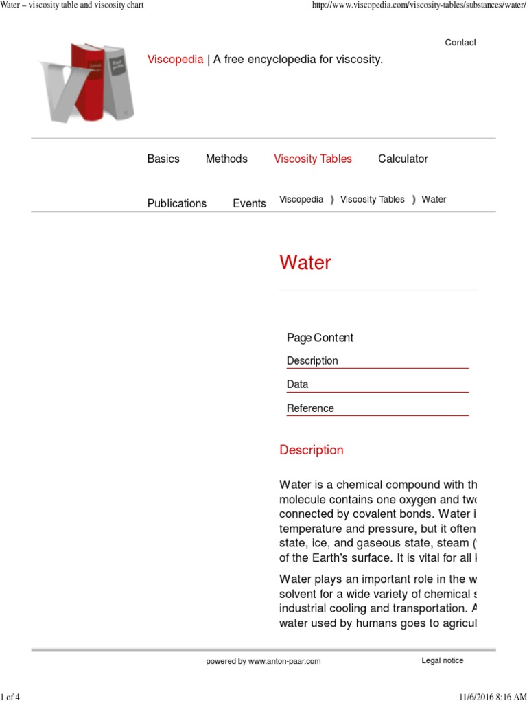 Water - Viscosity Table and Viscosity Chart | PDF | Viscosity | Water