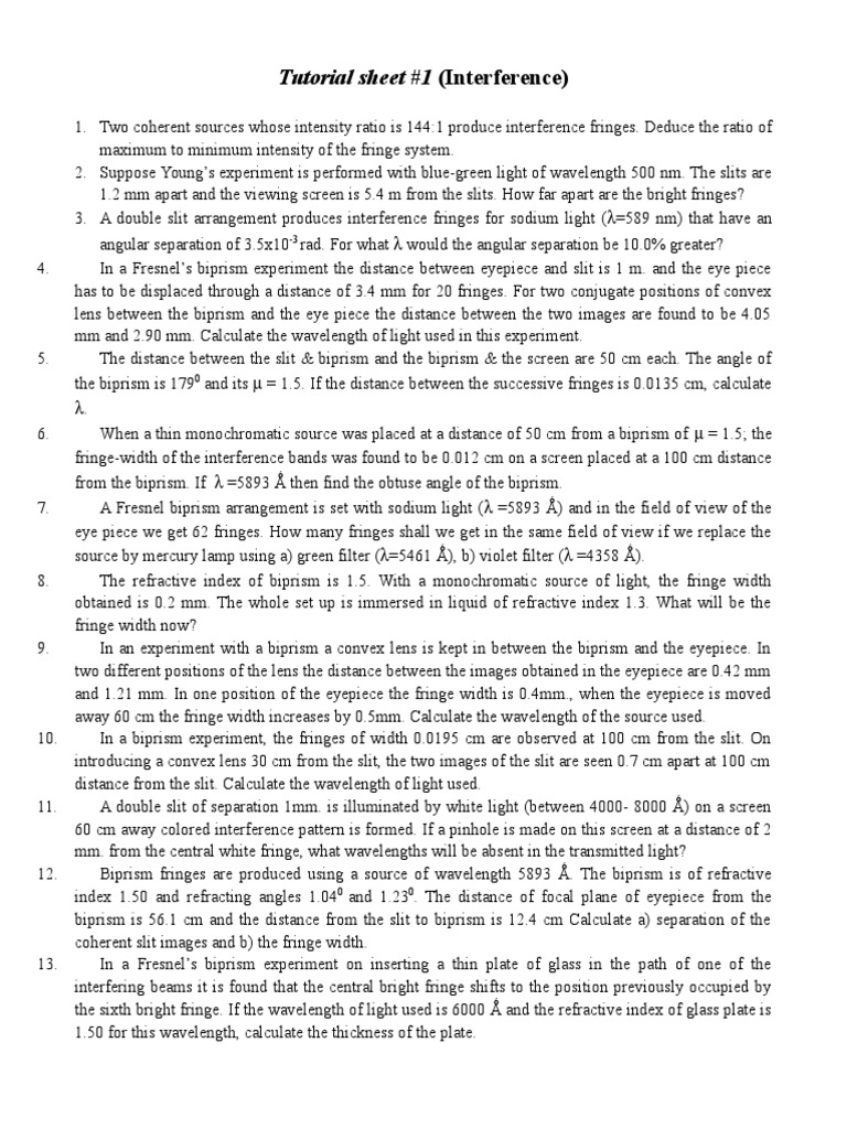 Tutorial Sheet 1 | PDF | Diffraction | Wavelength