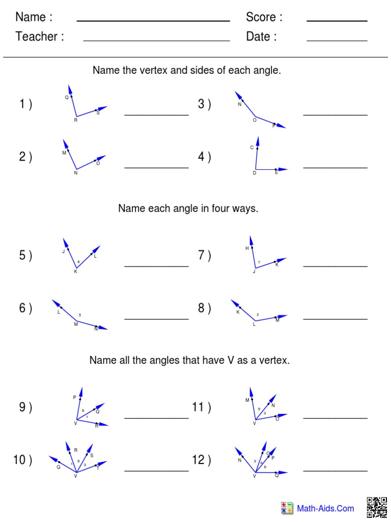 Name: Teacher: Date: Score:: Name The Vertex and Sides of Each Angle | PDF
