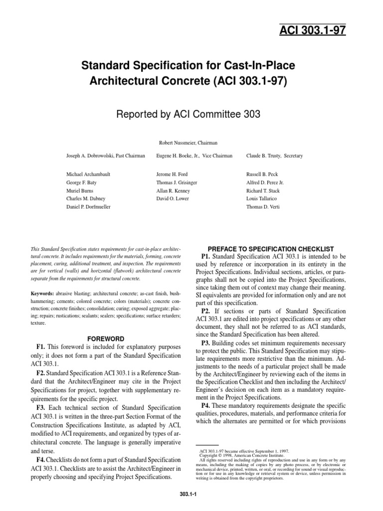 Aci 303.1-97 | PDF | Specification (Technical Standard) | Concrete