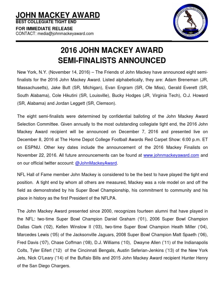 John Mackey Award: For Immediate Release | PDF | College Football ...
