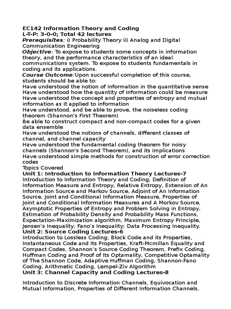 Information Theory & Coding Syllabus | PDF | Forward Error Correction | Encodings