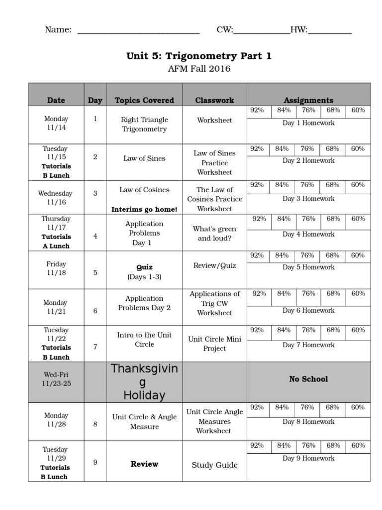 Unit 5 Part 1 Cover Sheet - Fall 2016 | PDF | Triangle | Trigonometric ...