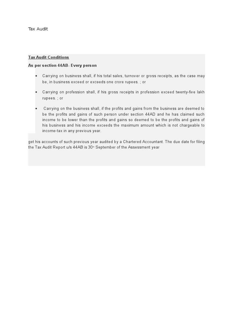 Tax Audit: Tax Audit Conditions As Per Section 44AB-Every Person | PDF