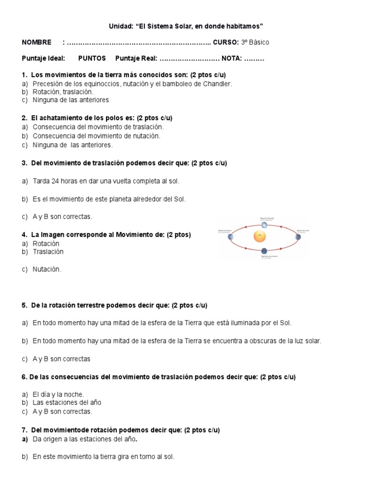 Examen del Sistema Solar para Primaria | PDF | Sistema solar | Planetas