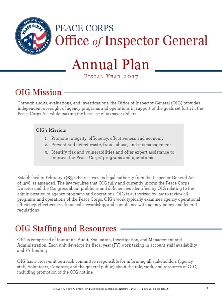 Peace Corps OIG Annual Plan FY17 | PDF | Peace Corps | Information Security