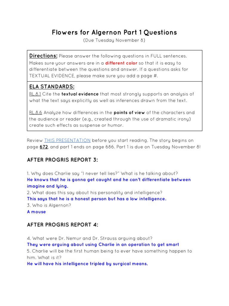 Flowers for Algernon Part 1 Study Questions | PDF