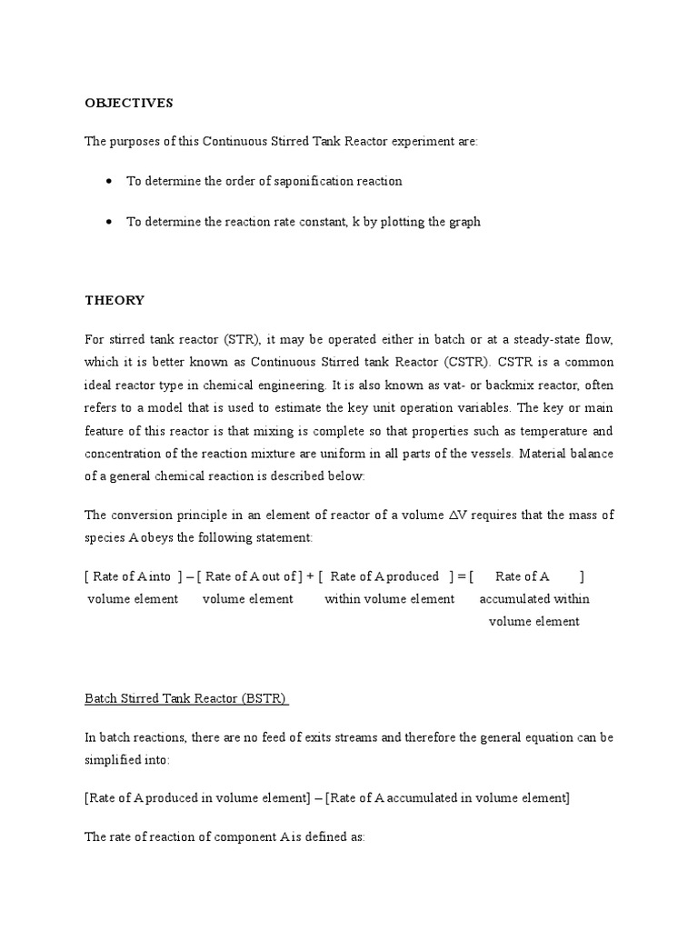 CSTR Experiment | PDF | Chemical Reactor | Reaction Rate