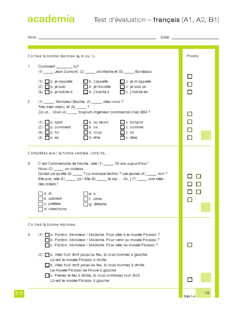 Test D'evaluation Francais A1 - B1 PDF | PDF