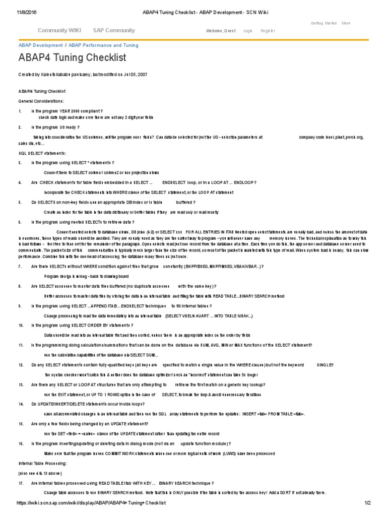ABAP4 Tuning Checklist - ABAP Development - SCN Wiki | PDF | String ... ABAP4 Tuning Checklist - ABAP Development - SCN Wiki | PDF | String ...