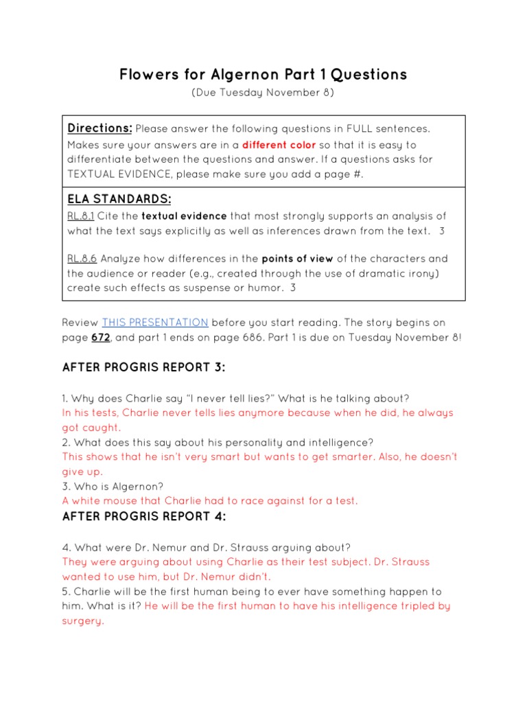 Flowers for Algernon Part 1 Questions | PDF | Mystery, Thriller & Crime ...