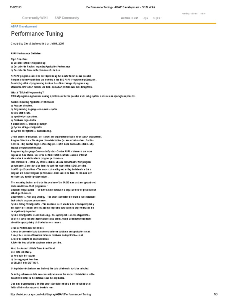 Performance Tuning - ABAP Development - SCN Wiki | PDF | Business | Technology & Engineering