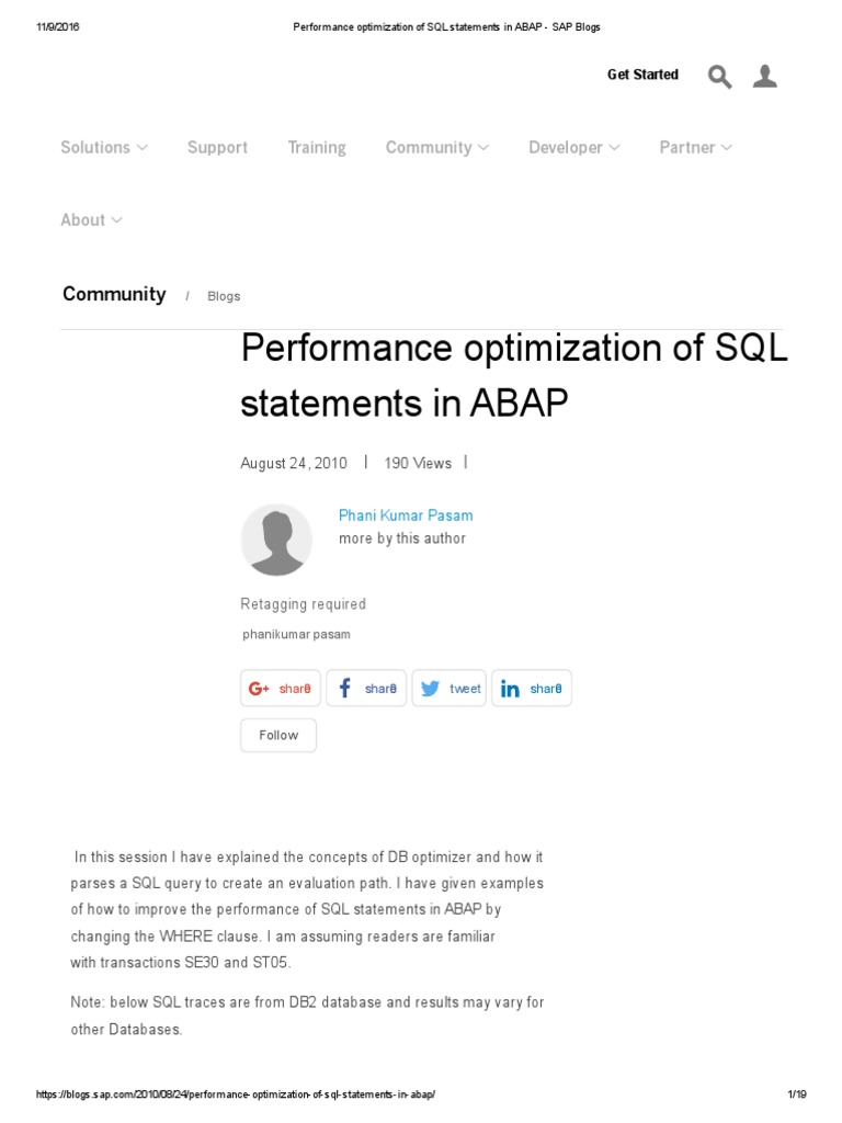 Performance Optimization Of Sql Statements In Abap Sap Blogs Pdf Database Index Sql