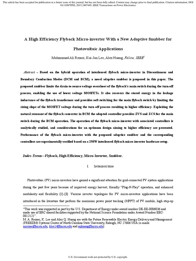 A High Efficiency Flyback Micro-Inverter With A New Adaptive Snubber ...