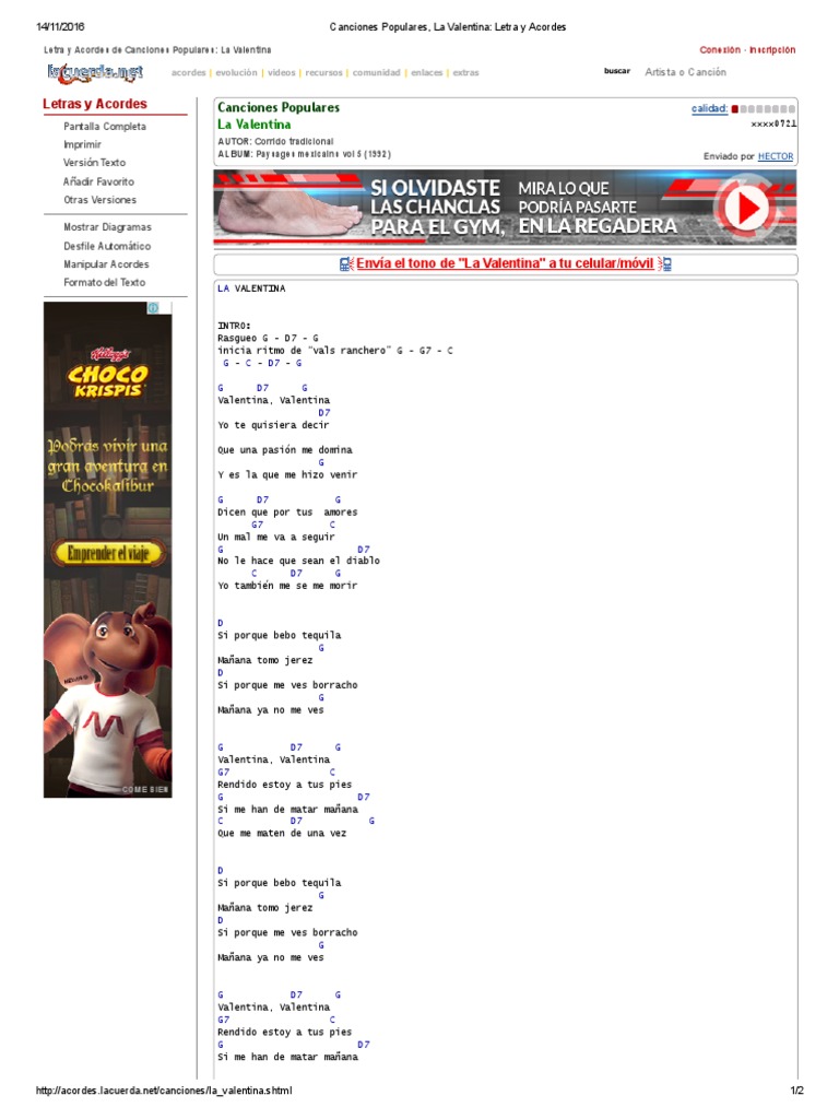 Canciones Populares, La Valentina - Letra y Acordes | PDF