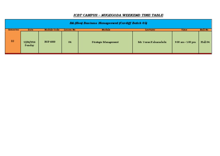 Icbt Campus - Nugegoda Weekend Time Table: BA (Hon) Business Management ...