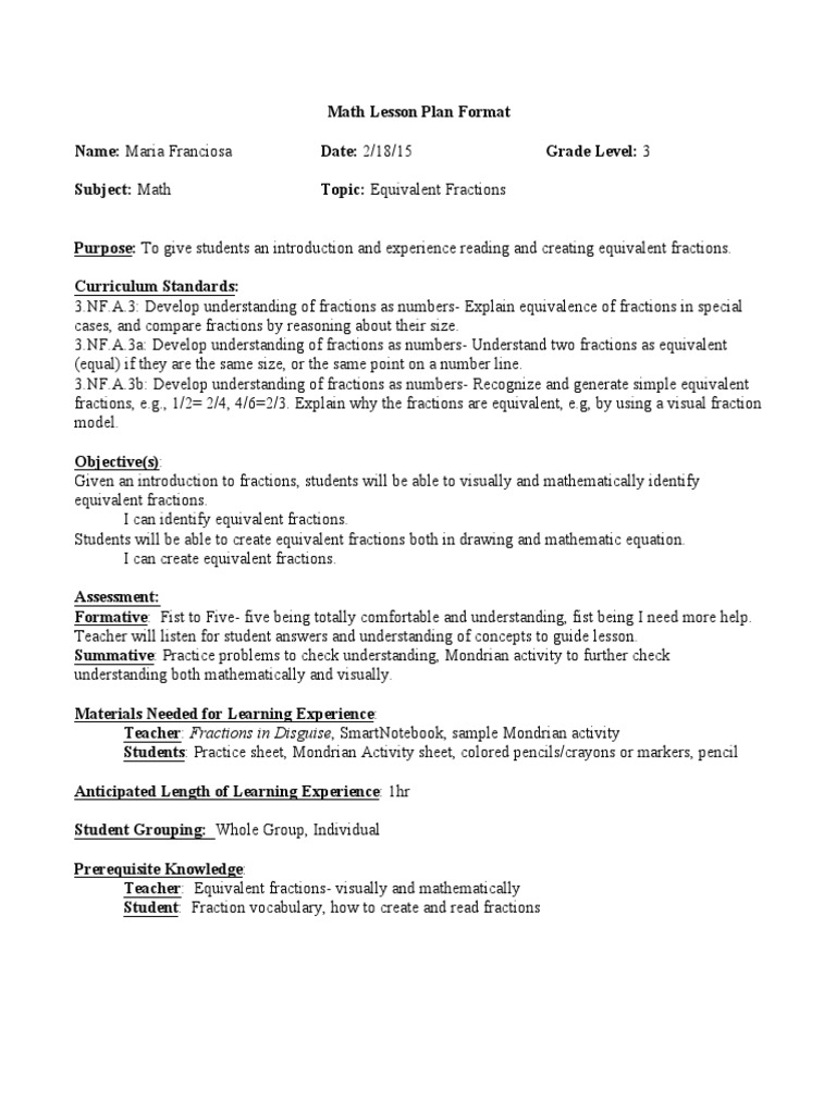 Fractions 12-5 Lesson Plan | PDF | Fraction (Mathematics) | Educational ...