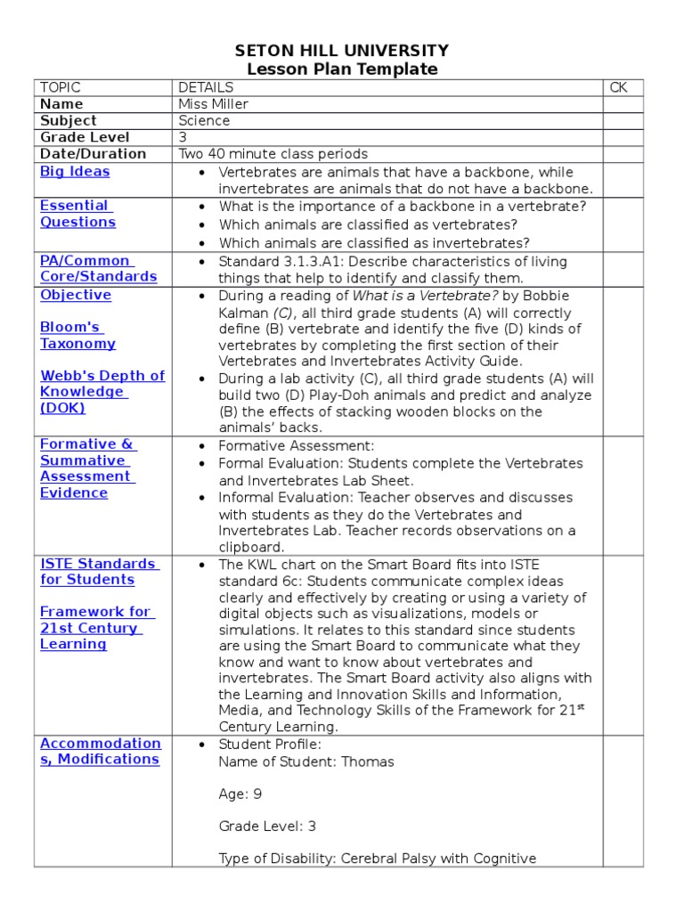 Seton Hill University Lesson Plan Template: Name Subject Grade Level Date/Duration | PDF ...