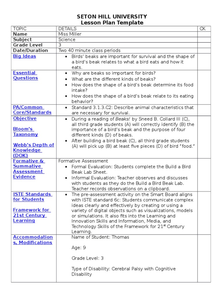 Seton Hill University Lesson Plan Template: Name Subject Grade Level ...