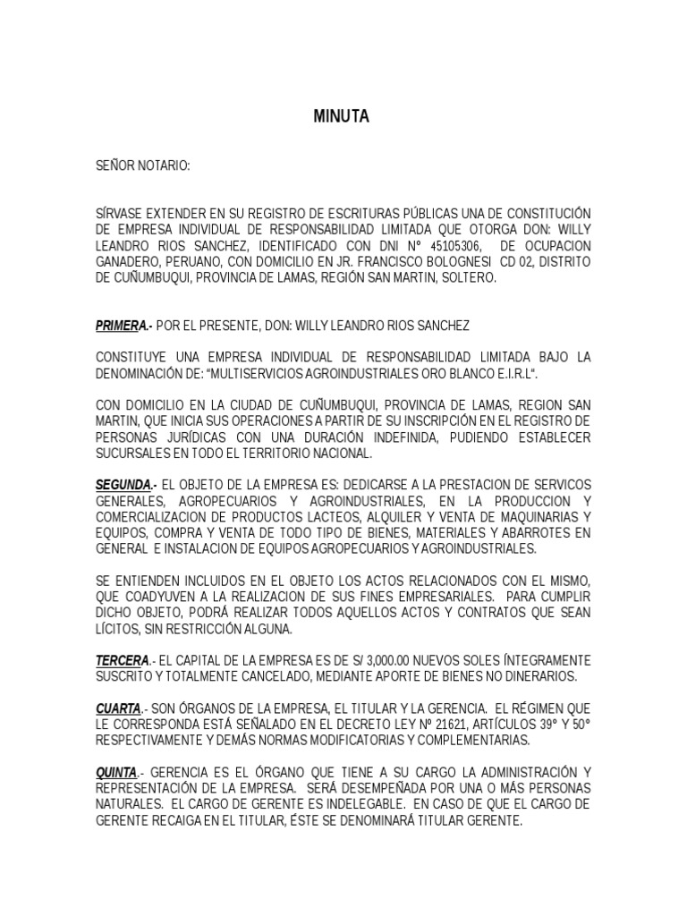 Minuta Eirl Empresa Multiservicios Agoindustriales Oro Blanco Eirl 1 | Arrendamiento ...