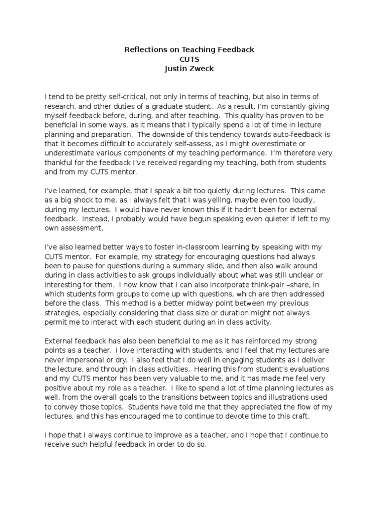 Reflections On Teaching Feedback | PDF | Quality Of Life | Action ...