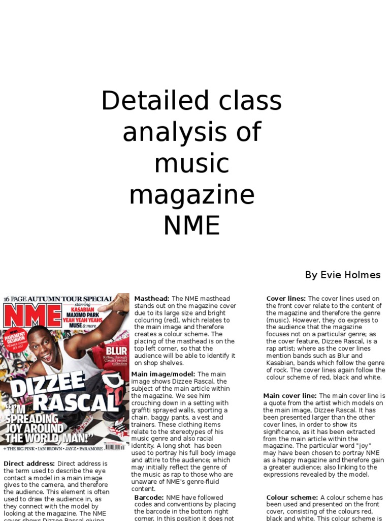 Detailed Class Analysis of Music Magazine NME: by Evie Holmes | PDF | Graffiti | Page Layout