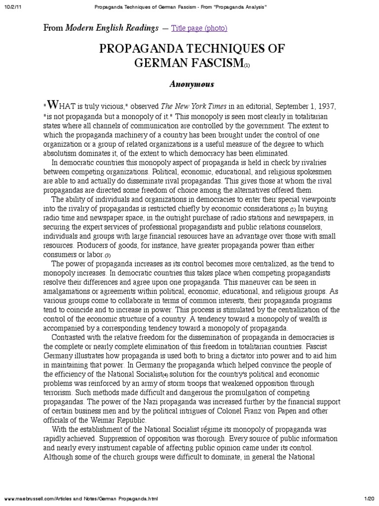 Propaganda Techniques of German Fascism - From - Propaganda Analysis ...