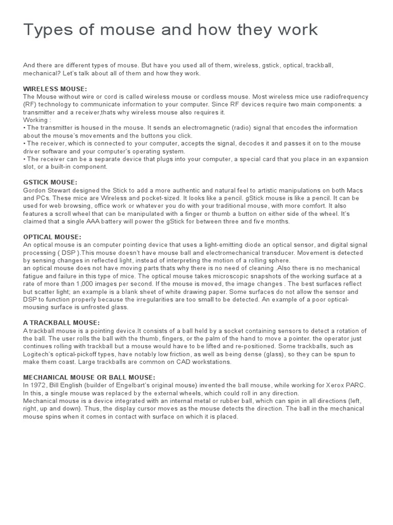 Types of Mouse and How They Work | PDF | Wireless | Input/Output