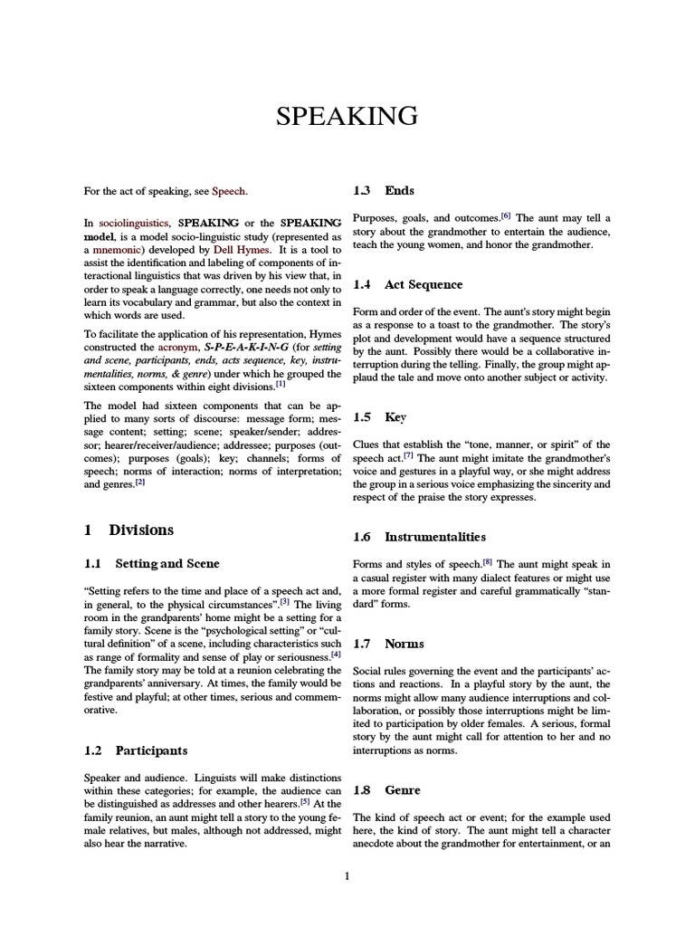 Hymes SPEAKING Model (Wikipedia) | PDF | Communication | Linguistics