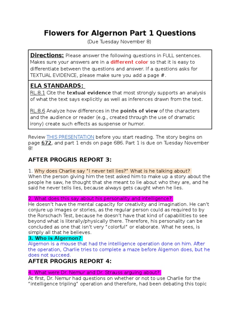Flowers For Algernon Part 1 Questions: Directions | PDF | Intelligence