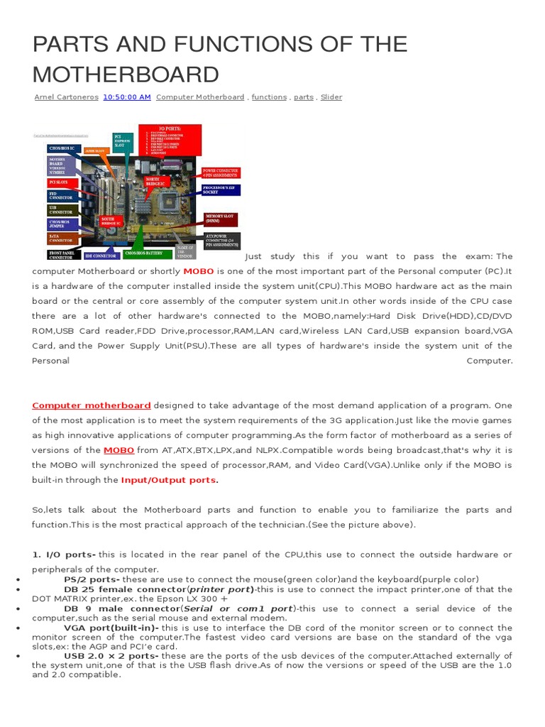 Parts And Functions Of The Motherboard Pdf Bios Computer Hardware