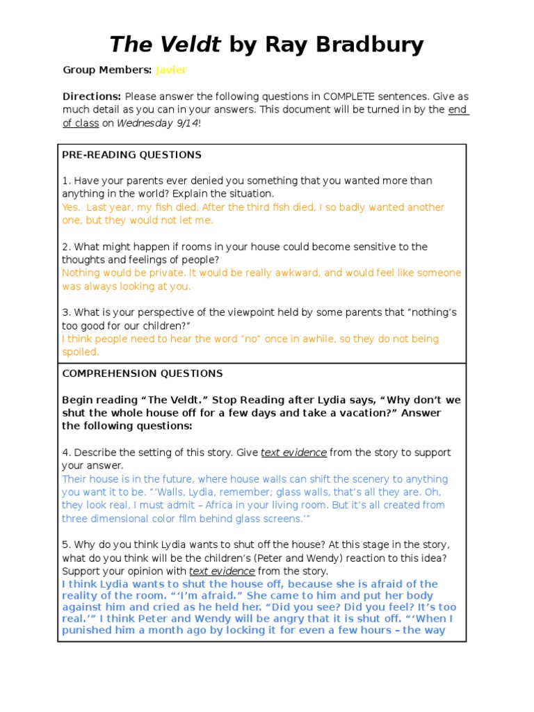 The Veldt by Ray Bradbury: Javier | PDF