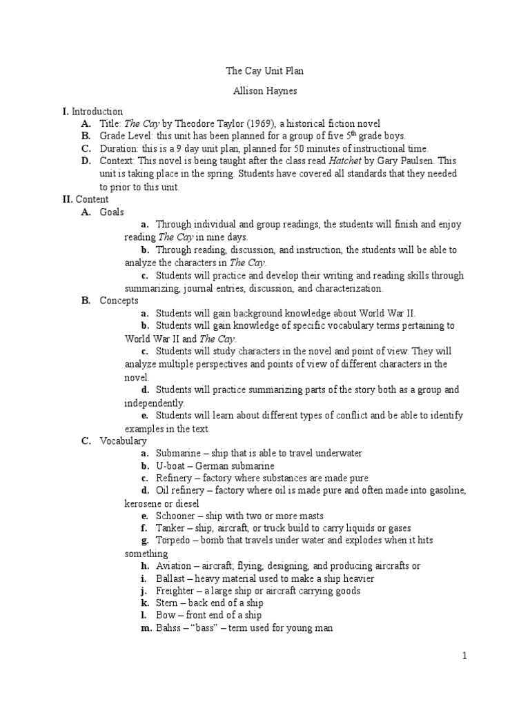 Unit Plan - The Cay | PDF | Narration | Reading (Process)