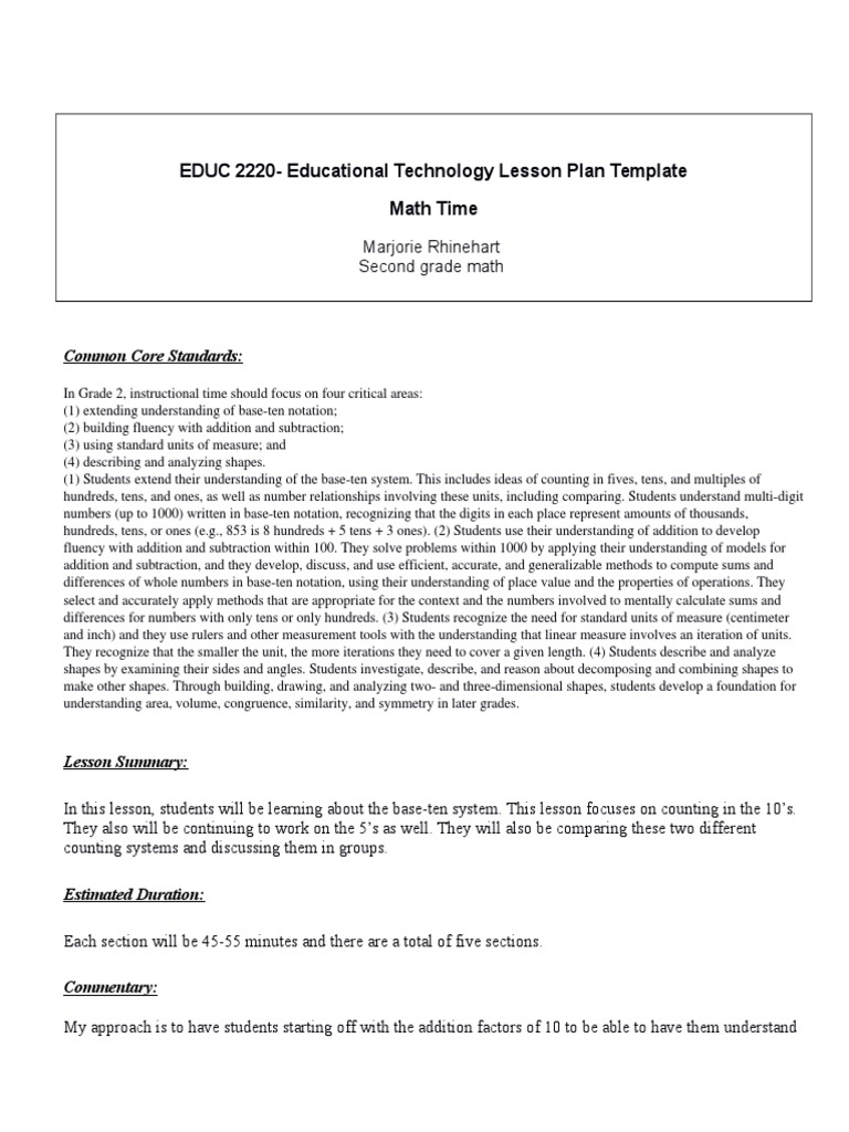 EDUC 2220-Educational Technology Lesson Plan Template Math Time | PDF ...