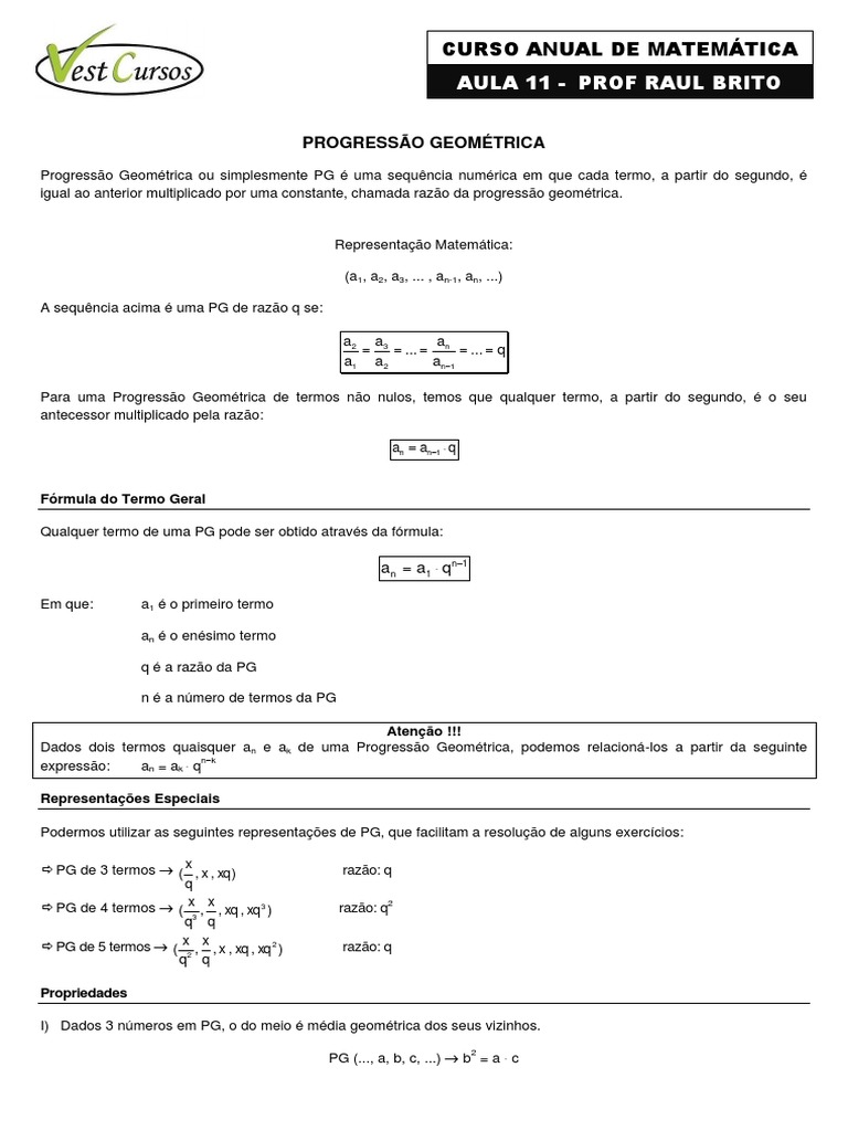 Aula 11 - Progressão Geométrica.pdf | Sequência | Triângulo