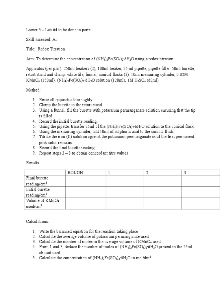 Lower 6 - Lab 4 Redox Titration | PDF | Titration | Chemistry