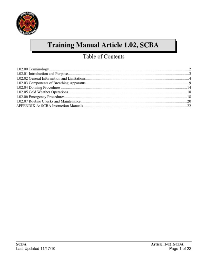 Training Manual Article 1.02, SCBA | PDF | Personal Protective ...