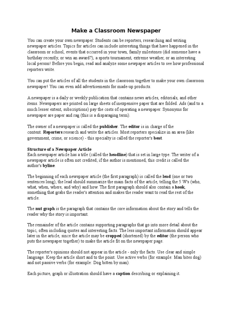 Make A Classroom Newspaper | Download Free PDF | Newspapers | News